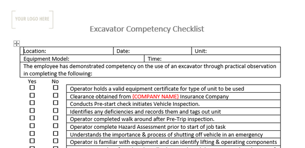 Excavator Competency Checklist – Stallion Safety, Training & Swag