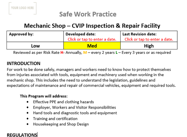 Mechanic Shop CVIP Inspection & Repair Facility Safe Work Practice ...