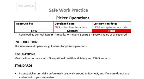 Picker Operations Safe Work Practice – Stallion Safety, Training & Swag