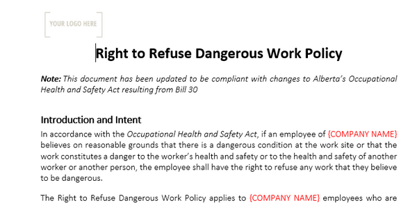 Right to Refuse Dangerous Work Policy – Stallion Safety, Training & Swag